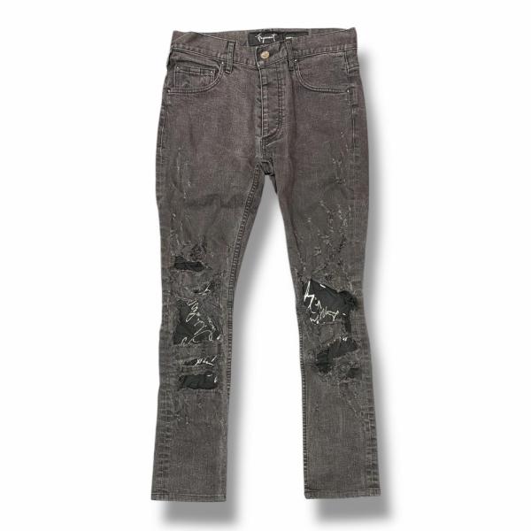 ブランド：fagassent（ファガッセン）商品名：クラッシュリペアデニムパンツ特徴：５ポケットフロントボタンフライベルトループバックパッチダメージ、リペア加工カラー：ブラック表記サイズ：1ウエスト：約78cm、股上：約21cm、股下：約6...