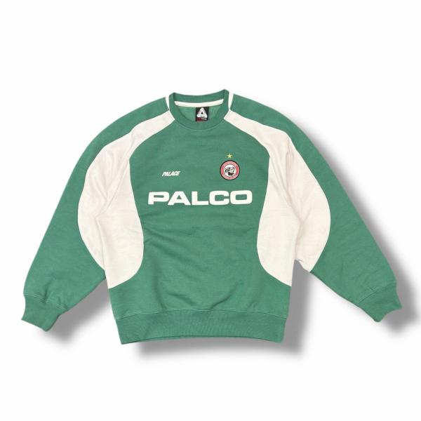 ブランド：PALACE（パレス）商品名：2025SS PRO TEAM PALCO CREW型番：P28CS085特徴：切替デザインフロント刺〓、プリント裏起毛カラー：グリーン表記サイズ：M着丈：約71cm、身幅：約61cm、裄丈：約87c...