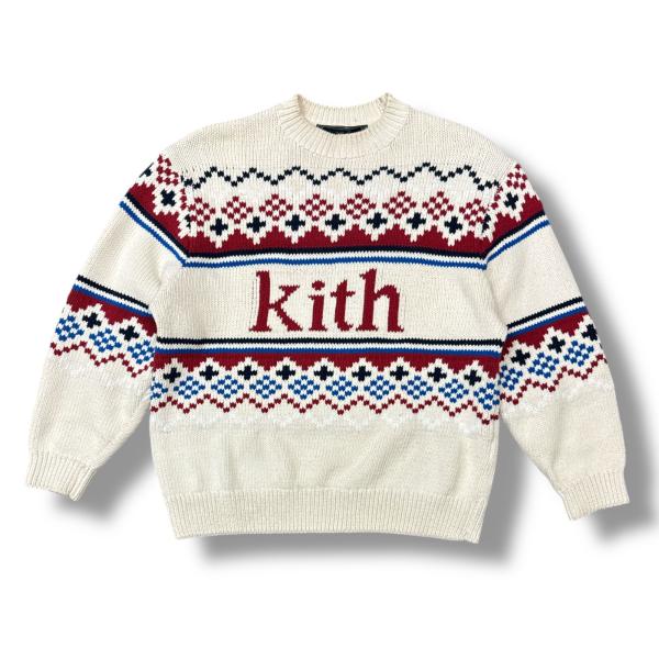 ブランド：KITH（キス）商品名：2023AW Kithmas Fairisle Sweater "Sandrift"特徴：クルーネックフロントロゴデザイン裾袖リブ仕様総柄デザインカラー：サンドリフト / 表記サイズ：S肩幅：約54cm、着...
