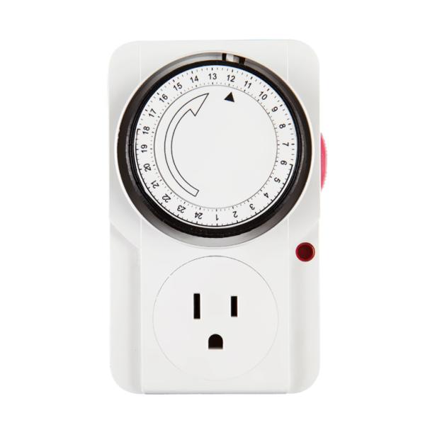 24時間メカニカルタイマーコンセント24時間・最短15分単位にオン/オフ設定できます換気ファン、グロウライトを時間サイクル自動化させる必須の道具です125V / 60Hz電流負荷：最大16A電圧負荷：最大3500Wプラグ：アメリカ仕様