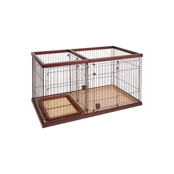 トイレと住居スペースを区切れるから、トイレの場所を覚えやすい！住居側は横スライドドアで開閉がスムーズ。トイレ側はドアが大きく開き、ワンちゃんの出入りやシーツ交換もラクラク！小型犬〜中型犬向きです。