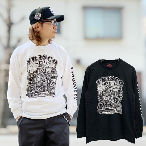 日本未発売、アメリカ買い付けの415 CLOTHINGのロングスリーブTシャツ。フロント、袖、バックにと豪華に落とし込まれたグラフィックが男臭い仕上がりの一枚。FRISCO CHOPPERスタイルを体現するようなアイテムです。【素材】綿 1...