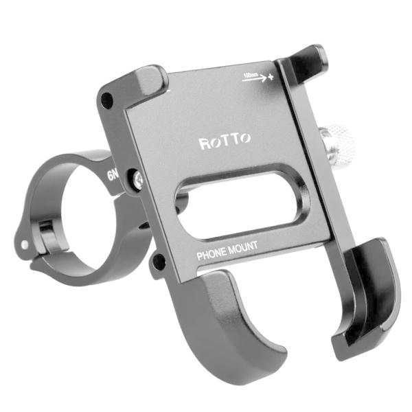 【商品名】　ROTTO スマホホルダー 自転車 携帯ホルダー バイク マウント アルミ合金製 スマホ固定用 平面360度回転 各種スマホ対応 取り付け簡 【商品説明】　・●ネジ式で固定する携帯ホルダーは、左右伸縮範囲が55mm?100mm、...