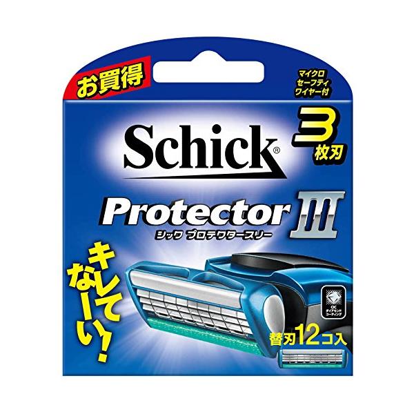 【商品名】　Schick(シック) プロテクタースリー 3枚刃 替刃 (12コ入) 髭剃り カミソリ 【商品説明】　・内容量:12個・原産国:ドイツ・商品サイズ (幅×奥行×高さ) :10cm×3.2cm×11.3cm・深く、安全に、快適シ...