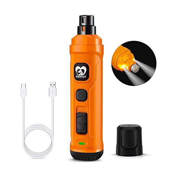 カラー：オレンジアップグレードされた 2 つの LED ライトを備えた犬用爪切り: Casfuy 電動犬用爪切りには 2 つの LED ライトがあり、犬の位置をすばやく簡単に確認できます。過度の粉砕を避け、毛むくじゃらの友達へのダメージを軽...