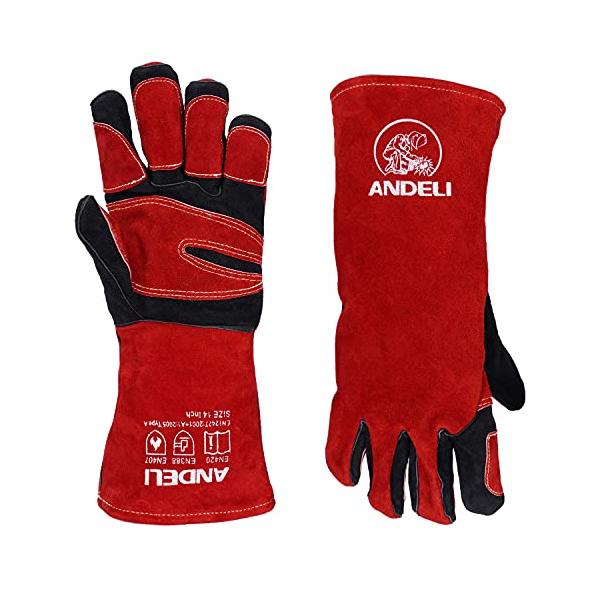 カラー：Red-Blackサイズ：Free Size【手袋本体】溶接手袋、材：二重純牛革（表）＋100％綿（裏）、サイズ：フリー（長約37.5ｃｍ　幅約17cm）高グレードの皮を使用しているため、安全で十分な厚みと手に馴染みやすい柔らかさ。...