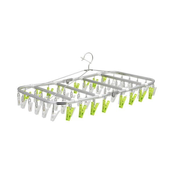 カラー：シルバーサイズ：52ピンチサイズ: 63×37.5×23cmコンパクトサイズでピンチ52個 省スペースで大量干しできる。軽くて丈夫なアルミフレームとサビに強いステンレスパーツのハイブリッドタイプ。ねじれに強く丈夫なステンレスヒンジを...