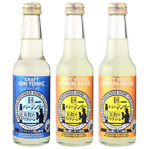 匠バーテンダー家飲みカクテルシリーズのジントニック・ウォッカレモンサワーの3本セットです。ジントニック自社製の米焼酎をベースにジュニパーベリー、コリアンダー等の十数種類のボタニカル（香味植物）を独自に配合して、ポット・スチルで蒸溜し、樫樽貯...