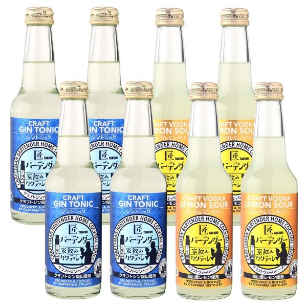 匠バーテンダー家飲みカクテルシリーズのジントニック・ウォッカレモンサワーの8本セットです。ジントニック自社製の米焼酎をベースにジュニパーベリー、コリアンダー等の十数種類のボタニカル（香味植物）を独自に配合して、ポット・スチルで蒸溜し、樫樽貯...