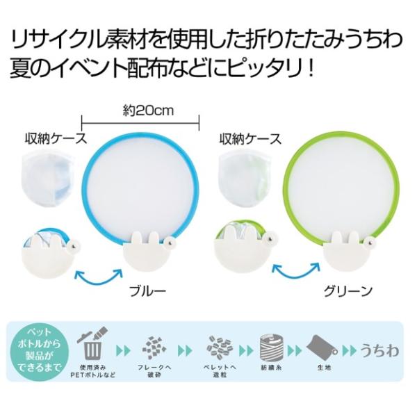 本体サイズ：使用時／直径約20ｃｍ　　　　　　収納時／約9×8×1.2ｃｍ　　　　　　収納ケース／約10×10ｃｍ〜カラー：ブルー・グリーン 2色取混材質：扇面／リサイクルPET生地　　　フレーム／亜鉛合金　　　持ち手／リサイクルポリスチレ...
