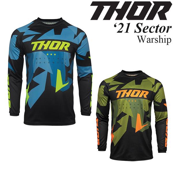 モトクロス/オフロード/エンデューロ/トライアル ジャージ※米国より発送となり、納期は1-2週間です。ブランド：Thor ソア年式：2021モデル：Sector セクターデザイン：Warship ウォーシップカラー：　青/黄緑 (ブルーアシ...