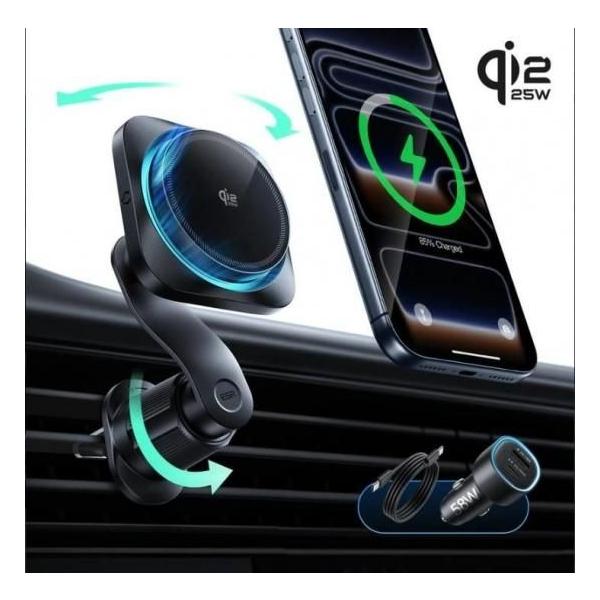 強化ガラス製のシースルーパネル　車載用マグネット式ワイヤレス充電器MOMAX Q.Mag Mount マグネット車載チャージャーは、強化ガラス製のシースルーパネルでメカニカルな内部構造が見える、スケルトンデザインのカーマウント車載チャージャ...