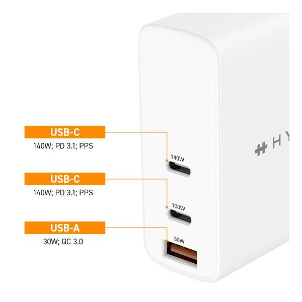 HyperJuice 140W PD 3.1 電源アダプタは、高出力PD 3.1対応で最大140Wの出力が可能な、3ポート電源アダプタです。持ち運びに最適なスリムボディと、折りたたみ式のコンセントプラグを搭載。最大で3台のデバイスを同時に充...