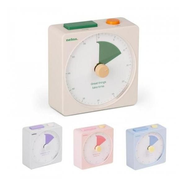Nelna Focus-On Timerは、残り時間（最大60分）を色で伝えるアナログ式タイマーです。カチカチ音のしない静音設計・光で知らせるライトアラームなど、毎日の集中時間をサポートする工夫を詰め込んでいます。集中力を妨げない、さりげな...