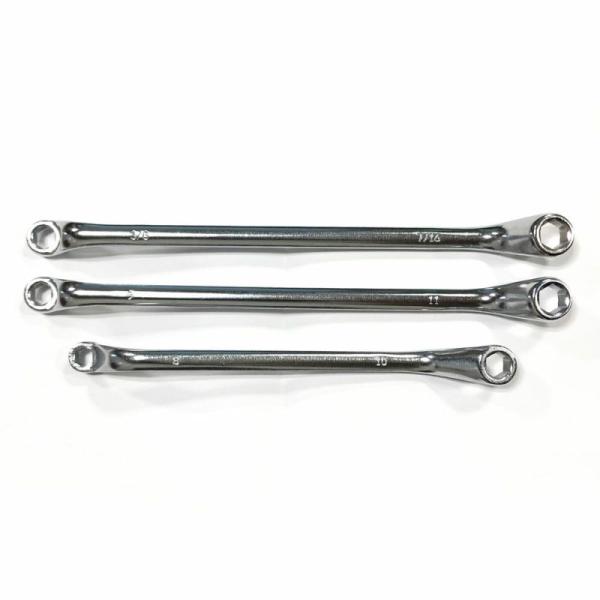 ブレーキブリーダーボルトを締めたり緩めたりする時に使用出来るレンチ3本セットです。各メガネ部はしっかり作業出来る様に通常のメガネの様に12角では無く6角になっております。ブレーキ作業に必要な3種類の規格が入っております。▼スペック全長 19...
