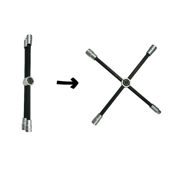 ●ハンドル部がスライドする、折りたたみの十字レンチ。・平行（I型）に折りたためるので、スペースを取らずに保管できます。 保管場所に困らず、持ち運びにも便利です。・備え付けソケットは17mm、19mm、21mmと、国産車で多く使用されているホ...