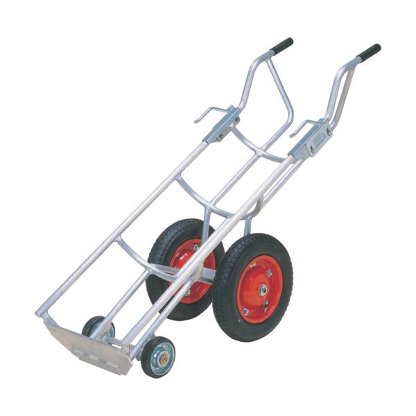 特長・本体はアルミ製で軽量、運搬や車両への積み下ろしが楽に行えます。・５０ｋｇボンベがピッタリ収まる丈夫な設計です。用途・LPガスボンベの運搬に仕様・完成品・使用タイヤ　13×3DXエアー入りタイヤ2輪　補助輪φ130ノーパンクタイヤ2輪・...