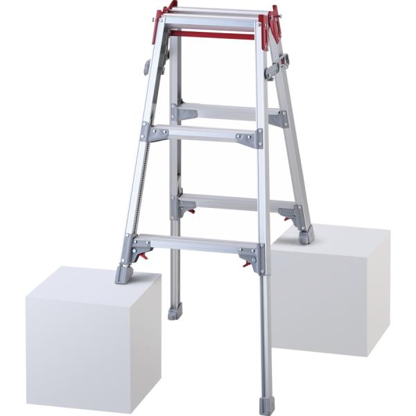 ・ワンタッチバー付・段差地で使える伸縮式脚立・片手で閉じれるワンタッチバー搭載・天板トレー形状・幅広天板は工具などを置ける便利なトレー形状。・下部操作レバー ・段差で役立つロングストロークの伸縮脚。（伸縮ピッチ＝6mm）・幅広踏ざんで作業も...