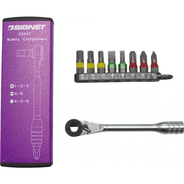 DIYや自転車の車載工具にも最適SIGNETミニラチェセットセット内容：ミニラチェット、プラスビット(#1・2・3)、マイナスビット(4・6mm)、HEXビット(4・5・6mm)、工具ケース特徴・DIYや自転車の車載工具にも最適です。・ミニ...