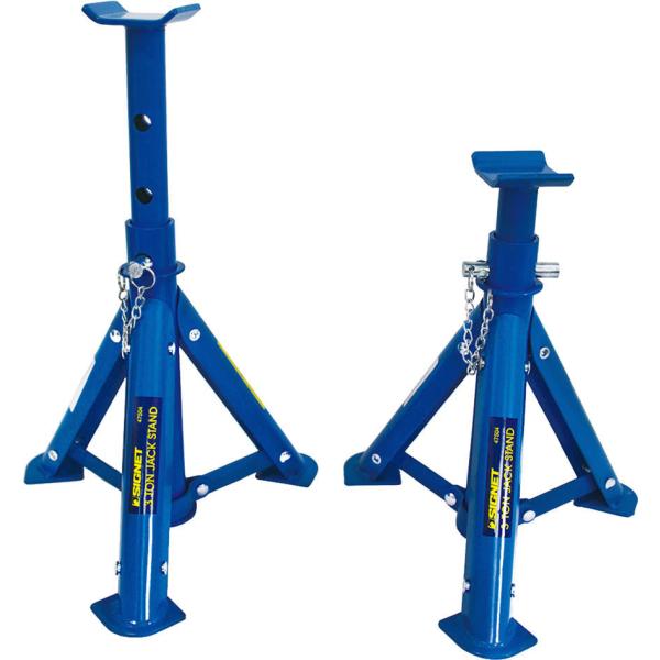 ●耐荷重(ton)：3●高さ：1段目(mm)：278●高さ：2段目(mm)：323●高さ：3段目(mm)：373●脚幅間隔(mm)：155●受け皿寸法(mm)：49×40●質量(kg)：1.78(1本)×2●折り畳み式でコンパクト●脚部の固...