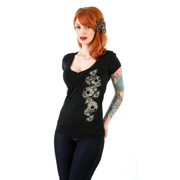 The TRES SKULLS Women's Deep V-Neck TeeThe Tres Skulls women's deep v-neck tee is 100% cotton,over-dyed and soft. There ...