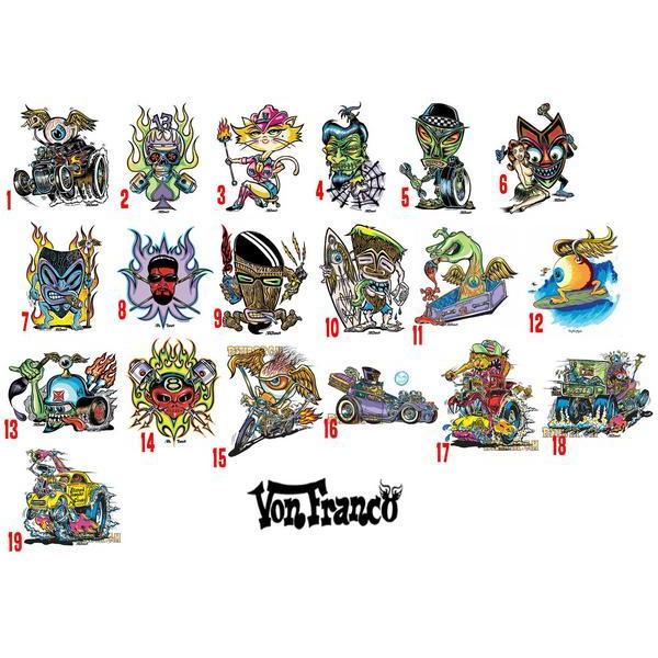 ※一枚の価格です。ご注文時に番号でご指定ください。現在の西海岸ロウブローアートのを代表する重鎮＜VON FRANCO/ヴォン・フランコ＞のステッカーです。得意のTIKI系、TATTOO、HOTRODティストなヤバイモチーフばかりです。屋外対...
