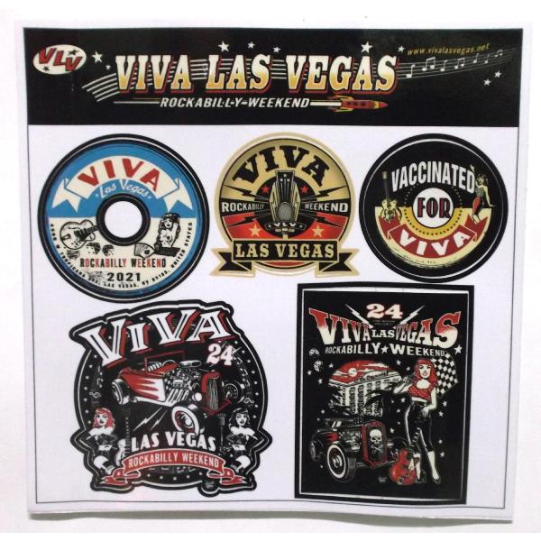 The 5 stickers of VLV24 in one pack!Gals &amp; Guitars- 3 1/4"Core Logo- 3"Vaccinated for Viva- 3"Hot Rods &amp; Hot Gal...