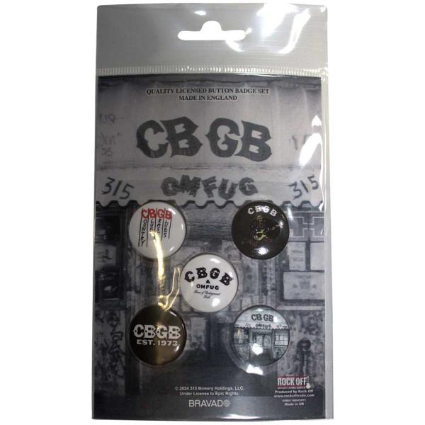 CBGB Button Badge Pack: LogosSet of 5 digitally printed plastic button badges in a poly bag with hang tag. The badges ar...