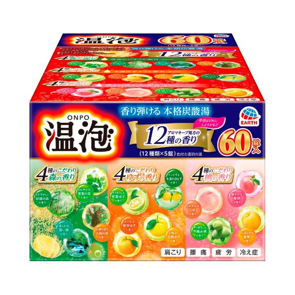 【商品名】　温泡 60錠入 炭酸 入浴剤 大容量 詰め合せ（森・ゆず・桃） お風呂 アロマ 血行促進 疲労回復 【商品説明】　・【内容量】45g×60錠 【製造】アース製薬・【効能】疲労回復、あせも、しっしん、にきび、ひび、あかぎれ、しもや...