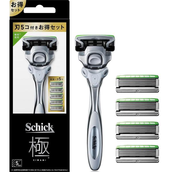 【商品名】　Schick(シック) 極 KIWAMI 敏感肌用 5枚刃 コンボパック ホルダー(刃付き+替刃4コ入) 髭剃り カミソリ 【商品説明】　・シック最上級モデル「極　KIWAMI」・ハンドルの衝撃吸収機能によるシック史上最高の剃り...