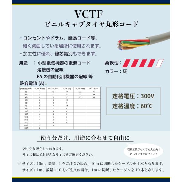 VCTFケーブル 0.75sq×8芯 灰色 1m 切り売り1m〜30m 300Vケーブル ビニルキャブタイヤ丸形コード バッテリー常時電 | むらのどうぐや | SitePromo