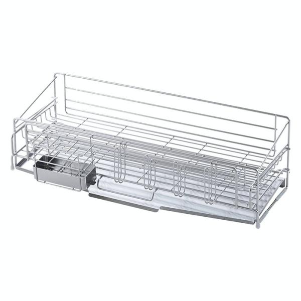 ここがポイント！必要な時だけ引き出して使える伸縮水切りバスケット。バスケットが2つあるので食器とフライパン・鍋・ボールなどを分けて水切りしたい時に便利。場所を分けて水切りできるので乾きが早く、乾いた後も取り出しやすい。2つのバスケットの高さ...