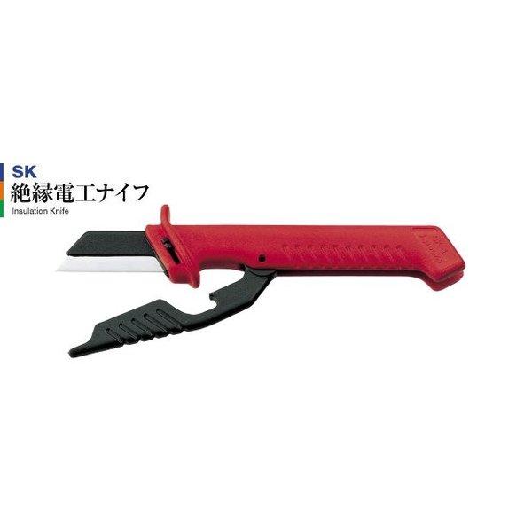 【絶縁電工ナイフ】刃を保護するカバーが、ハンドルに収納される独特な構造。耐電圧：1,000V刃渡り：43mm素材ステンレス鋼（刃部）、プラスチック（本体、カバー）呼び寸法：185mm