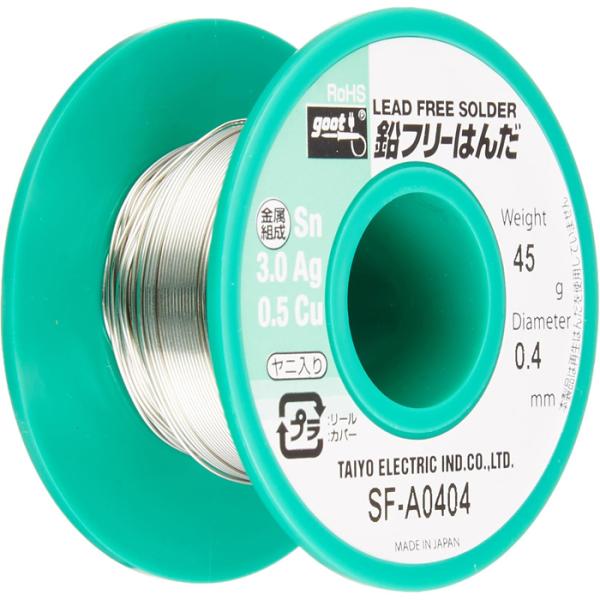 【ここがポイント！】鉛を含まない環境にやさしいはんだです。RoHS対応品。優れた耐熱疲労特性です【商品詳細】融　点　217-220℃線　径　φ0.4mmスズ/銀/銅　96.5/3.0/0.5.%重　量　約45gヤ　ニ　入