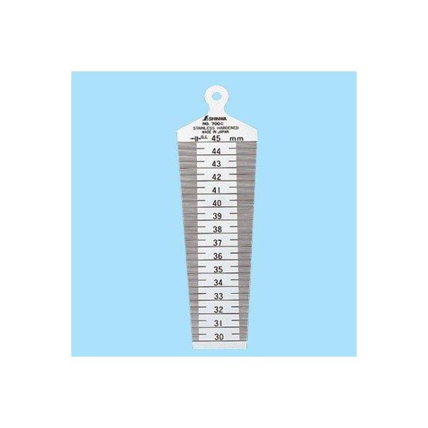 特長●内径や隙間の寸法の測定に便利です。仕様●本体サイズ 160×46×1.2mm●測定範囲 30〜45mm●製品質量 50g●厚さ 1.2mm●精度 ±0.05mm●材質：ステンレス●硬度：Hv400以上