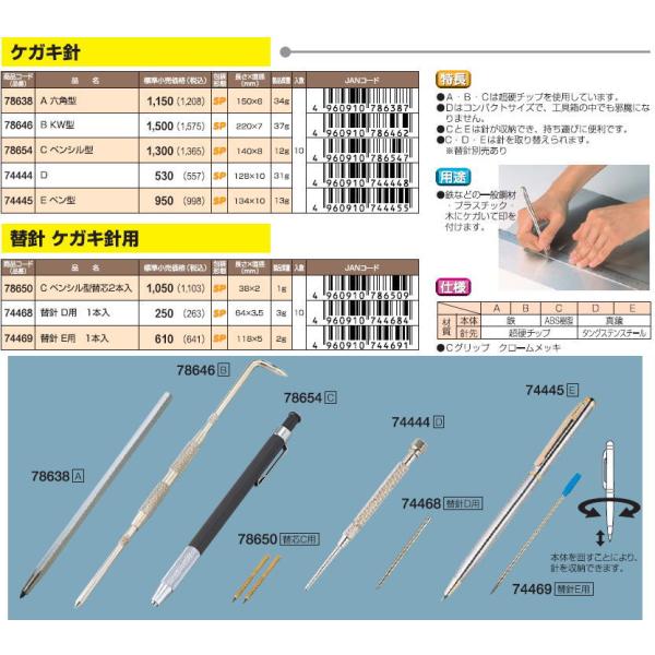特長●超硬チップ付です。仕様●本体サイズ 155×6×6mm●製品質量 36g●材質 本体：鉄 針先：超硬チップ