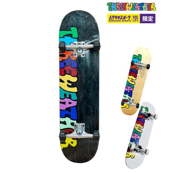 【THREE WEATHER】スリーウェザーのキッズコンプリートセット。これからスケボーを始めたい方にオススメのデザインデッキセット！手にした即日からすぐにスケートボードを楽しめる完成品。柔らかいウィール(タイヤ)を標準装備、多少の悪路でも...