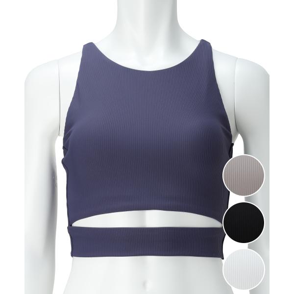 【抜け感のあるカットアウトが魅力的なブラトップ】リブ素材のように凹凸のある生地を使用し、タイトなフィット感を演出します。バックのアジャスターで長さ調整できるのもポイント。同デザインのスイムレギンスと組み合わせて着用するのもおすすめです。≪商...