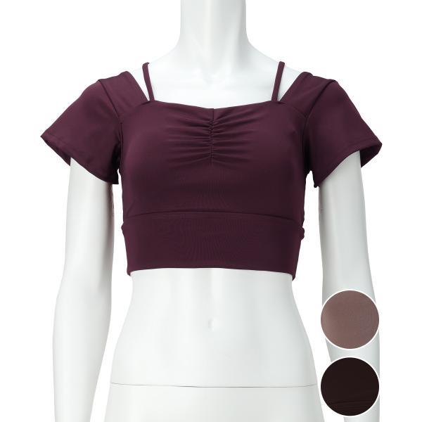 【胸元に寄せられたギャザーが可愛らしいブラトップ】後ろが開いたバックシャンなデザインになっており、お洒落な着こなしを楽しめます。胸下まで覆うフィット感のある着心地がポイント。アウトドアシーンや旅行にもお使いいただけるアイテムです。≪商品詳細...