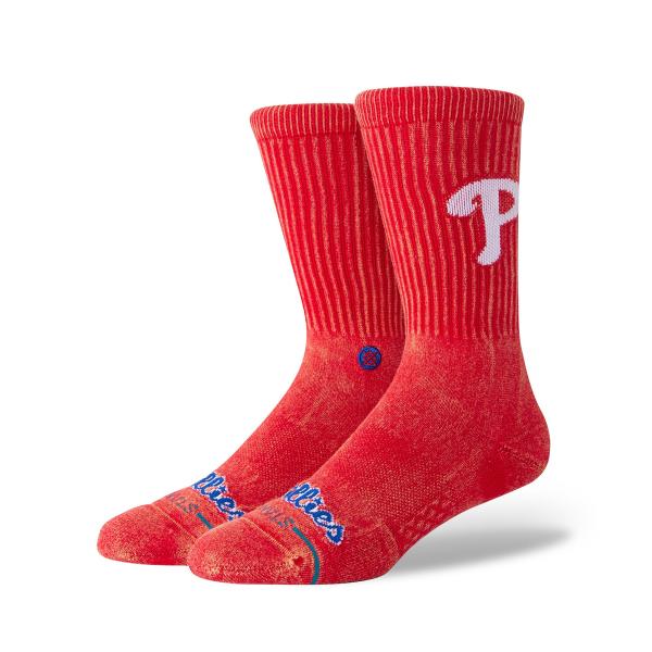 アメリカ合衆国ペンシルベニア州フィラデルフィアにあるシチズンズ・バンク・パークに本拠を置く大リーグ フィラデルフィア・フィリーズ のウォッシュ加工を施したチームソックス。伸縮性のあるリブがふくらはぎを包み込み、きつ過ぎずゆるくない極上のフィ...