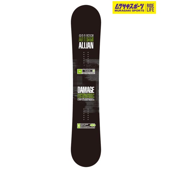 【ALLIAN】アライアンのスノーボードDAMAGEはソフトフレックス、ミッドキャンバーでありながら、より安定感とパワフルなライディングを可能にするため、スペック調整しました。オーリーの仕掛けやすさとアプローチやランディングでのバランス性能...