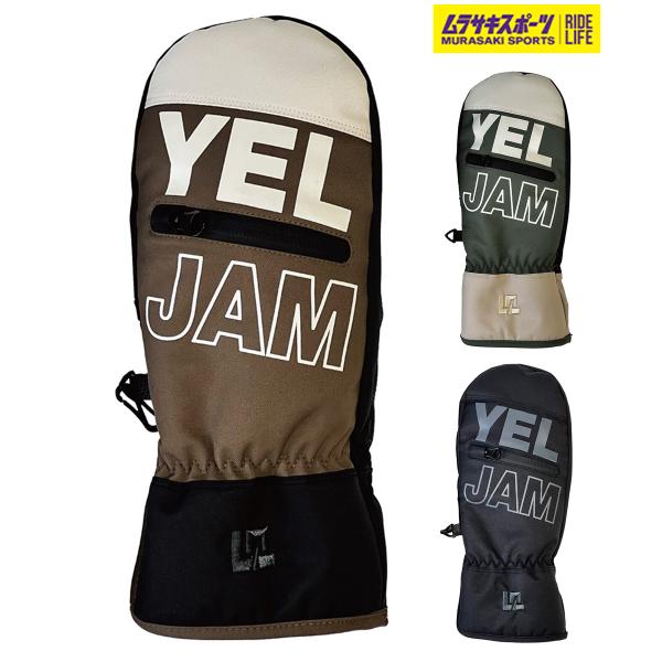 【YELJAM】イエロージャムのグローブです。手の甲のビッグロゴプリントがアクセントのYELJAMミトンスノーグローブ。耐水圧10,000mm、透湿性5,000gの高機能素材と、Tricot Brushの裏地で、暖かさと快適なドライ感を両立...