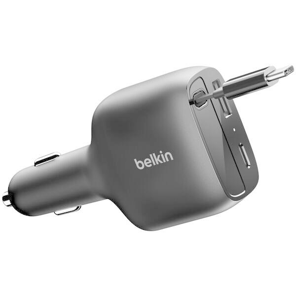 CCC001fqBK      このカーチャージャーは2つのポート（USB-C + USB-A）を搭載し、車内充電を変革する巻き取り式のUSB-Cケーブルを備えています。
