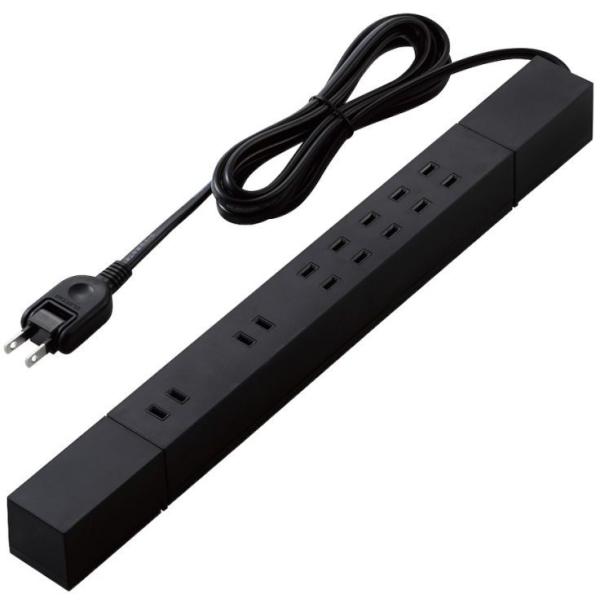 TKF022720BK     2.0m。7つの差込口を備え、利用シーンに合わせ形状を変更させることができる可動式電源タップです。隣の差込口に干渉しにくい