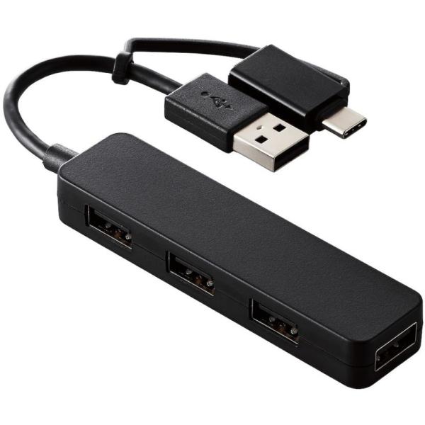U2HCA4003BBK    ブラック。USB-AポートにもUSB Type-Cポートにも接続できる、変換アダプター付きUSB2.0ハブです。