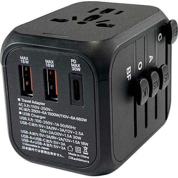 *WP109M         4種類の電源コンセントに対応する変換プラグ。（A、C、O、BF）USB PD対応USB Type-C 1ポート+USB-A 2ポート搭載。