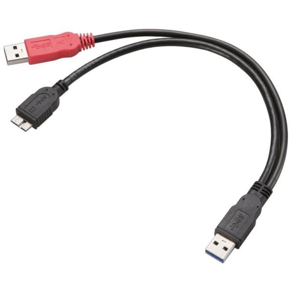 USB3AAMB5DPBK   USBバスパワーで動作するポータブルHDD等の電力不足を解消する。USB3.0対応。黒端子側0.3m・赤端子側0.3m