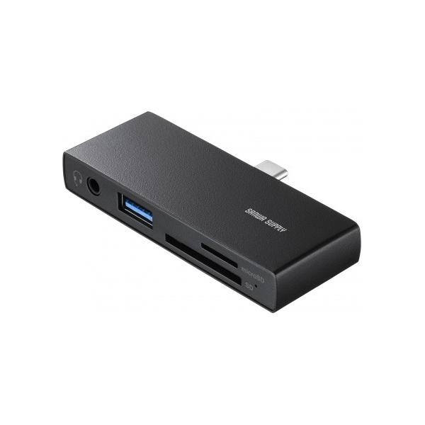 ADR-5TCSD2BK    Type-C搭載機器へ直挿し可能なSD/microSDカードリーダー。USB Aポート、3.5mm4極ミニジャック付き。