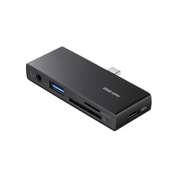 ADR-5TCSDP3BK   Type-C搭載機器へ直挿し可能なSD/microSDカードリーダー。USB Aポート、3.5mm4極ミニジャック付き。