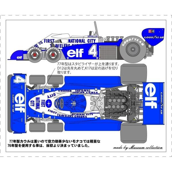 1/12ティレルP34'77モナコデカールです。デカールのみです。77年型の特徴は足元にあるこのスタビライザーをモノコックの上に通しています。